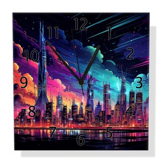 Wallario Design-Wanduhr Skyline im Abendlicht aus Glas, Motiv-Uhr Größe 30 x 30 cm, Schwarze Zeiger