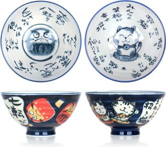 Coolchange Japanisches Daruma & Gl&uuml;ckskatze Reissch&uuml;ssel | Handbemalt aus Porzellan | 2 Stk. | Keramik Sch&uuml;sseln | Asiatische Essschalen | 12cm | mikrowellen- un