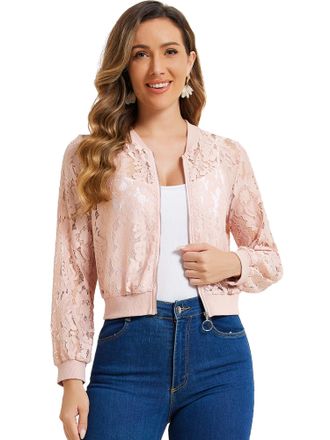 Allegra K Damen Spitzen Jacken Durchsichtige Mesh Netzstoff Reißverschluss Blumenmuster Bomberjacke Rosa XL