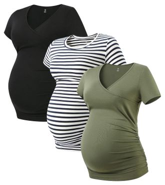 Lapasa Damen 3 er Pack Umstandstop Umstandsmode Umstandskleidung Tops Schwangerschaft Kurzarm Umstands T-Shirt L55