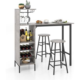 Costway Bartisch mit Barhocker Set 2 Personen, 3 TLG. Bartisch Set mit Halterungen f&uuml;r Weingl&auml;ser und Flaschen, K&uuml;chentheke f&uuml;r Wohnzimmer, Esszimmer