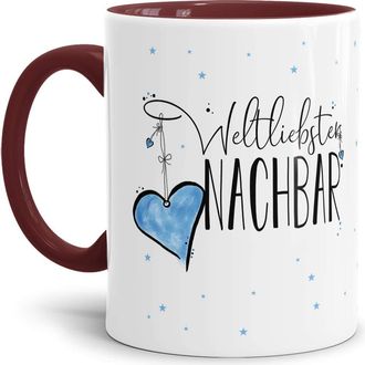 Tassendruck Tasse mit Spruch f&uuml;r den Weltbesten Nachbar - Kaffeetasse/Familie/Geschenk-Idee/Mug/Cup/Innen & Henkel Weinrot