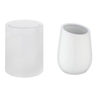 WENKO Schwingdeckeleimer Atri, 6 Liter Kosmetikeimer & Zahnputzbecher Badi, wei&szlig;er Zahnbecher aus hochwertiger Keramik mit Matter Oberfl&auml;che