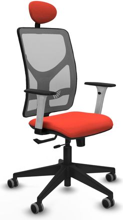 Piqueras y Crespo B&uuml;rostuhl in Orange, mit wei&szlig;en und schwarzen Armlehnen, h&ouml;henverstellbarer Lendenwirbelst&uuml;tze und festem Kopfteil, ausgestattet mit Syncro/Traslack. 