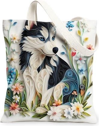 Generic Sac fourre-tout en toile r&eacute;utilisable pour le shopping Motif chien husky 33 x 38 cm