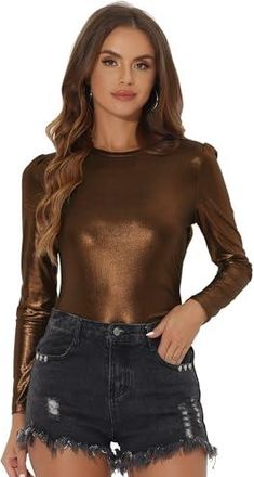Allegra K Femme Fête Club Glitter Tops Manches Longues Bouffantes Métalliques Brillants de Noël pour Femme Brun Or L