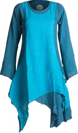 vishes Alternative Bekleidung - Lang&auml;rmliges Zipfeliges Lagenlook Kleid/Tunika aus handgewebter Baumwolle t&uuml;rkis 42-44