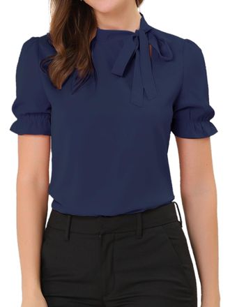 Allegra K Damen 50er Jahre Bluse mit Schleife Schluppenbluse Festliche Blusen Kurzarm Panel Fliege Hals R&uuml;schen Elegant Top DunkelDunkel Blaublau XL