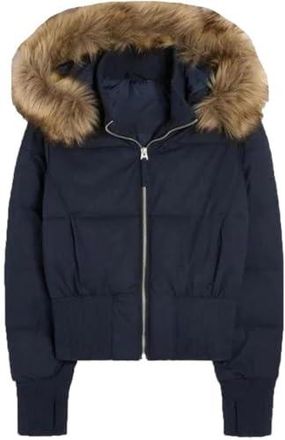 Generic Veste &agrave; capuche en fausse fourrure pour femme, tendance, chaude et matelass&eacute;e, avec bordure rembourr&eacute;e, fermeture &eacute;clair, bleu marine, S