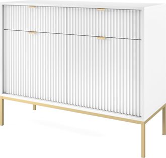 Selsey VELLORE - Kommode 2-t&uuml;rig mit 2 Schubladen, Wei&szlig; mit geriffelten Fronten und goldenen Metallbeinen, 104 cm