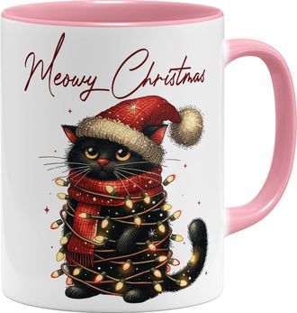 OM3 Meowy Christmas Kaffee-Tasse mit s&uuml;&szlig;em K&auml;tzchen - Weihnachtstasse Katze - Keramik Becher - 325ml - Beidseitig Bedruckt - Rosa