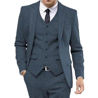 Generic Costume r&eacute;tro en tweed 3 pi&egrave;ces pour homme - En laine &agrave; chevrons - Coupe ajust&eacute;e - Coupe ajust&eacute;e - Style formel et d&eacute;contract&eacute;, Bleu., 6XL