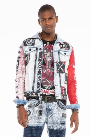 Cipo & Baxx Herren Jeansjacke CJ241 Eisblau- Ausgefallene Denim Jacke im Modernen Design mit Print, Aufn&auml;hern & Used-Waschung - Stylische &Uuml;bergangsjacke f&uuml;r Allta