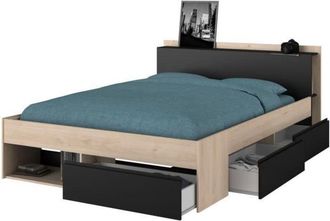 Parisot Lit adulte combo 160x200 cm - Chene et noir - 3 Tiroirs