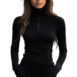 Generic Pull &agrave; col roul&eacute; c&ocirc;tel&eacute; pour femme - Couche de base thermique &agrave; manches longues - Tenue dautomne tendance, Noir, XXL