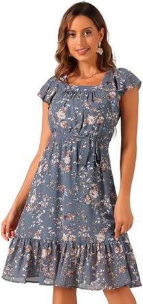 Allegra K Femmes Flutter Manches Ceinturé Col Carré Ourlet à Volants Robe Bleu Poussiéreux S