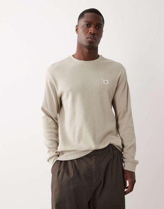 Calvin Klein Jeans Lang&auml;rmliges Shirt in Khaki mit Aufn&auml;her und Waffelstruktur-Gr&uuml;n