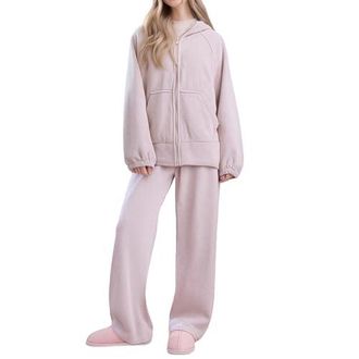Generic Pyjama en polaire super doux à capuche pour femme avec fermeture éclair - Vêtement de nuit thermique - Coupe ample - Vêtement de nuit uni en peluche -