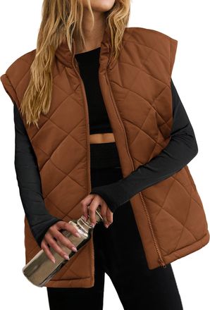 Zeagoo Weste Damen Kurz &Auml;rmellos Steppweste Herbst Leicht Vest Gilet Warme Winter Jacke Stehkragen Westen mit Rei&szlig;verschl&uuml;sse Orange L