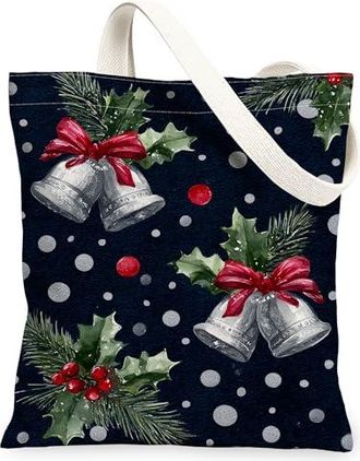 Generic Sacs fourre-tout en toile de vacances, sacs &agrave; provisions r&eacute;utilisables, style dhiver rustique, l&eacute;ger, lavable &agrave; l&eacute;paule, Bleu marine, 13x15 Inch