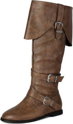Generic Bottes déquitation plates à bout rond pour femme - Avec fermeture éclair - Style rétro médiéval - Pour cosplay, marron, 37.5 EU