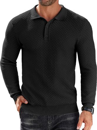 Coofandy Poloshirt Herren Langarm Herren Pullover Elegant M&auml;nner Strickpullover Einfarbig Polo Pulli Sweatshirt Schwarz XXL