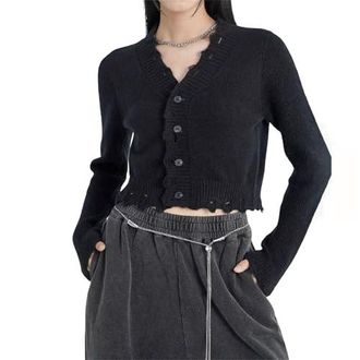 Generic Pull cardigan design manches courtes col en V d&eacute;chir&eacute; tricot tops, noir, Taille XS