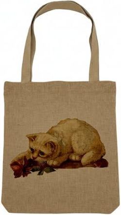 Fabulous Sac Shopping Tote Bag Aspect Lin - Peinture Chat Blanc A Poils Longs Fleur Persan Mignon Art - Sac de Courses Toile Epaisse 360g Beige Naturel Cabas P