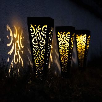 ETC Shop 3er Set LED Solar Steck Leuchten Au&szlig;en Erdspie&szlig; Garten Strahler Terrassen Lampen schwarz-gold