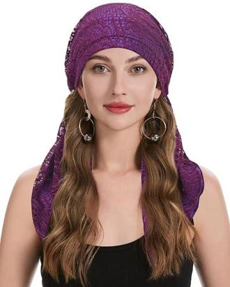 ZLYC Bonnet Turban Chimio pour Femme - Foulard pré-noué - Chapeau léger, Dentelle Double Couche Violette, Taille Unique