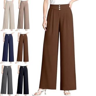 Generic Pantalon souple et fluide taille haute &agrave; enfiler &agrave; jambe large pour femmes &acirc;g&eacute;es de plus de 50 ans, marron, 3XL
