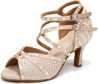 Generic Chaussures de danse latine pour femme - En satin et strass - Bout ouvert - Nude - Pour salle de bal - Salsa Bachata - Performance - Pointure 3,5 - Con
