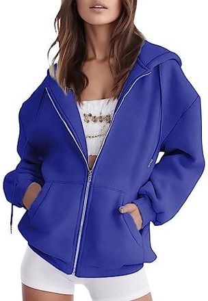 Generic Veste de Surv&ecirc;tement Femme Avec Capuche Zipp&eacute;e - Sweat Surdimensionn&eacute; Y2k - Demi-Saison Polaire Unie - Loisirs - Pull D&eacute;contract&eacute; &agrave; Capuche, Bleu-B, X