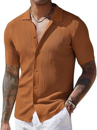 Generic Chemise en tricot &agrave; manches courtes pour homme, tendance, &eacute;t&eacute;, plage, d&eacute;contract&eacute;, boutonn&eacute;, vintage, polo en tricot, marron, XXL