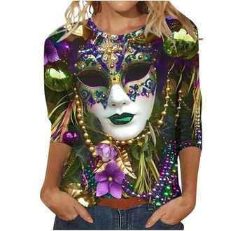 Generic Haut &agrave; manches 3/4 pour femme - Chemisier de carnaval - Imprim&eacute; graphique - Col rond - &Eacute;l&eacute;gant et fin - D&eacute;contract&eacute; - Chemisier basique classique pour