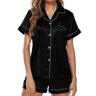 Generic Pyjama en satin pour femme à manches courtes avec boutonnière col en V 2 pièces vêtements de nuit élégants 2 pièces vêtements dintérieur pyjamas doux 