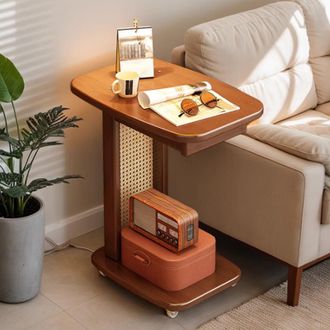 Generic Beistelltische F&uuml;Rs Wohnzimmer, C-F&ouml;Rmiger Tisch F&uuml;Rs Sofa Mit 360&deg;-Rolle, Tischplatte Aus Massivholz, Doppelstangenhalterung F&uuml;Rs Schlafzimmer