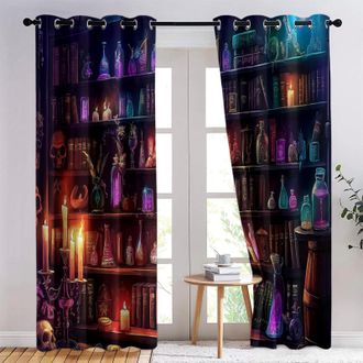 Generic Bedruckte Vorh&auml;nge Fantasy-Magie-B&uuml;cherregal Muster Blickdicht Vorhang Gelb mit &Ouml;sen Gardinen Deko &Ouml;senvorhang Dekoschal Dekogardinen f&uuml;r Schlafzimmer