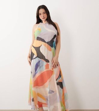 Asos Curve ASOS DESIGN Curve - Hochgeschlossenes Maxikleid aus Chiffon mit buntem abstraktem Print-Mehrfarbig
