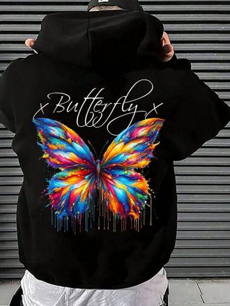rmk Kapuzenpullover Herren Hoodie Oversize Langarm Longshirt Butterfly Schmetterling mit Kapuze