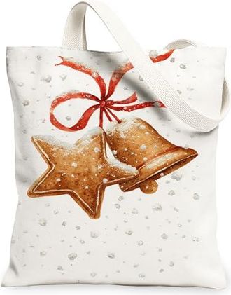 Generic Sacs fourre-tout en toile de vacances, motif &eacute;toile festive et cloche, sacs de courses r&eacute;utilisables, No&euml;l classique, l&eacute;ger, lavable, Blanc, 13x15 Inc