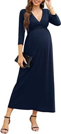 KOJOOIN Robe de maternit&eacute; pour Femme col en V Longue Robe dallaitement Manches 3/4 d&eacute;contract&eacute; pliss&eacute; Bleu fonc&eacute; (L)