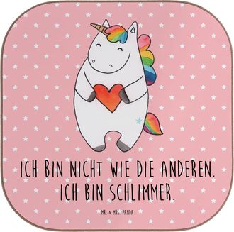 Mr. & Mrs. Panda Tischuntersetzer Einhorn Herz - Geschenk, Tassenuntersetzer, gläseruntersetzer, böse, Untersetzer Gläser, Holzuntersetzer, Lustig, Unicorn, Tischschon