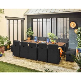 Best Mobilier Cuba - gartenm&ouml;bel - ineinanderschiebbar aus geflochtenem harz schwarz - 14 sitze - graue kissen - beige