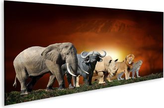 Islandburner Prime Bild auf Leinwand Big Five auf Savanne Landschaft und Mount Kilimanjaro bei Sonnenunterg Bilder Wandbilder Poster