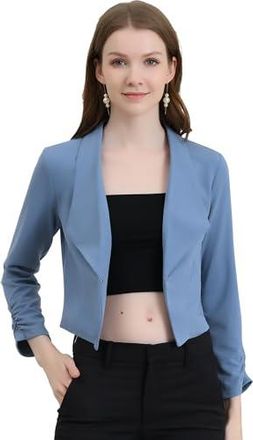 Allegra K Blazer Court Femme pour Bureau & Travail Veste Courte Cintré à Manches Longues avec Revers Cranté Devant Ouvert sans Bouton Bleu Gris XL