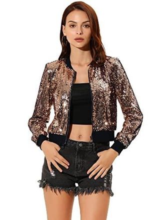 Allegra K Blouson à Paillettes Femmes Veste à Sequin à Manches Longues Bomber Aviateur Zippé Brillante pour Soirée et Disco Or XL