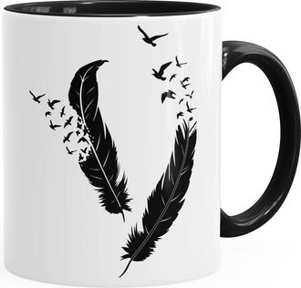 Autiga Tasse Feder Vögel glänzend Kaffeetasse Teetasse Keramiktasse mit Innenfarbe schwarz Unisize