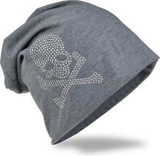 Miobo Slouch Beanie M&uuml;tze, Long, Totenkopf Motiv, Herren Damen,StrassPirat-Dunkelgrau
