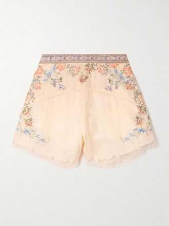 Camilla Short En Satin Jacquard &Agrave; Imprim&eacute; Fleuri, Broderies, Finitions En Tulle Et Cristaux - Cr&egrave;me